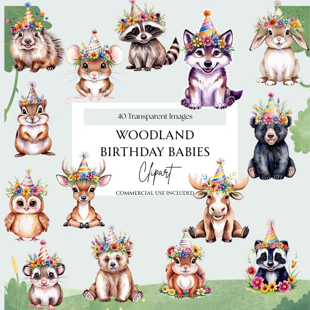 Woodland Animals Birthday Clipart: Watercolor PNG Set (commercial Use ...