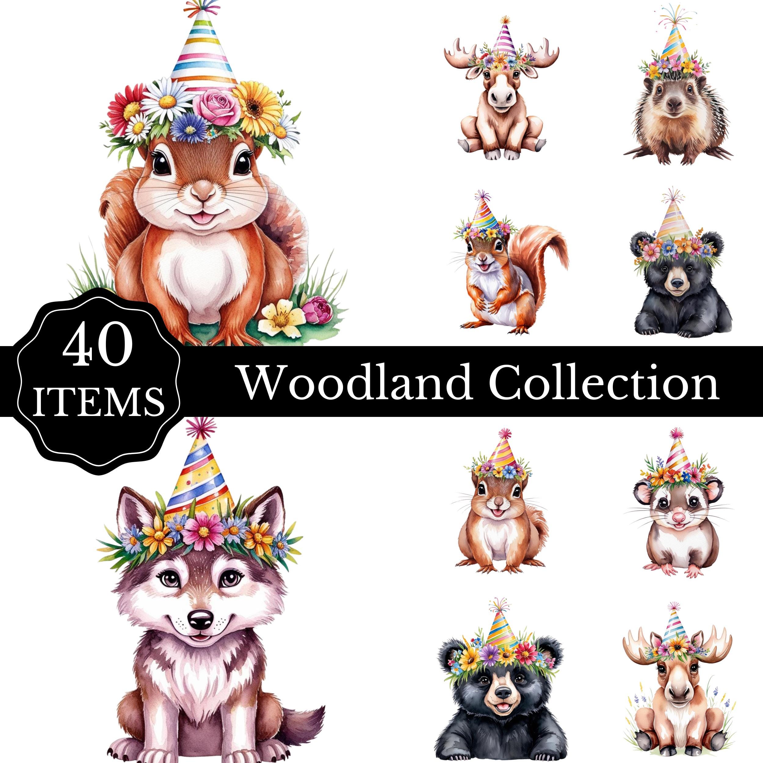 Woodland Animals Birthday Clipart, Watercolor PNG Set, Forest Animal ...