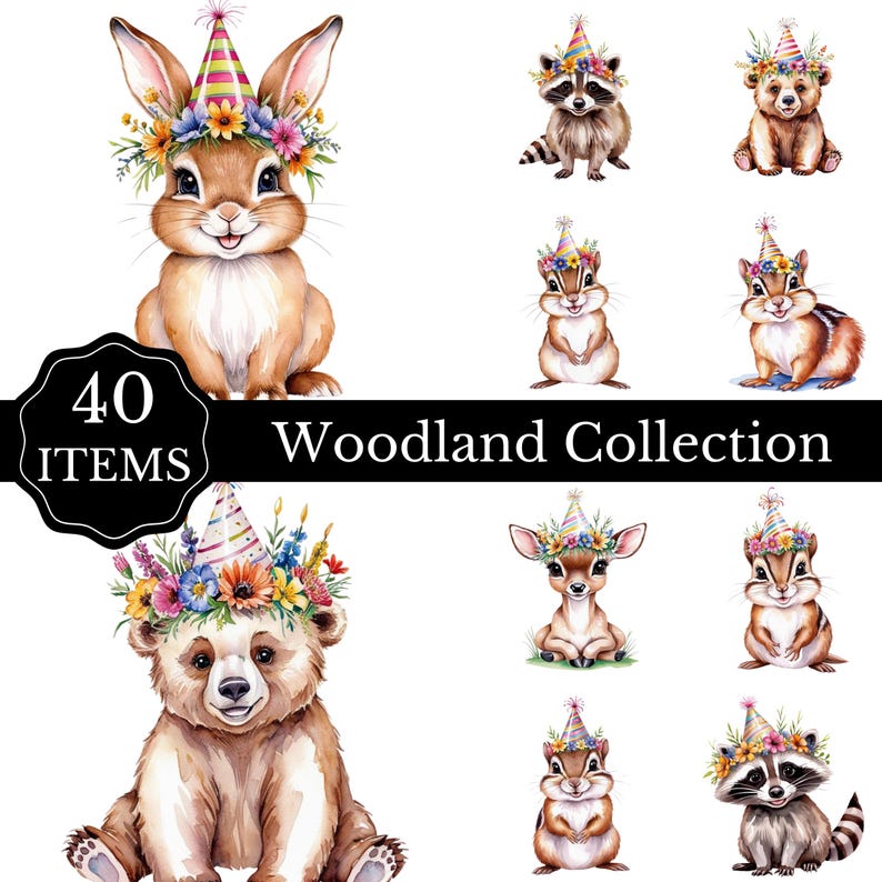 Woodland Animals Birthday Clipart, Watercolor PNG Set, Forest Animal ...