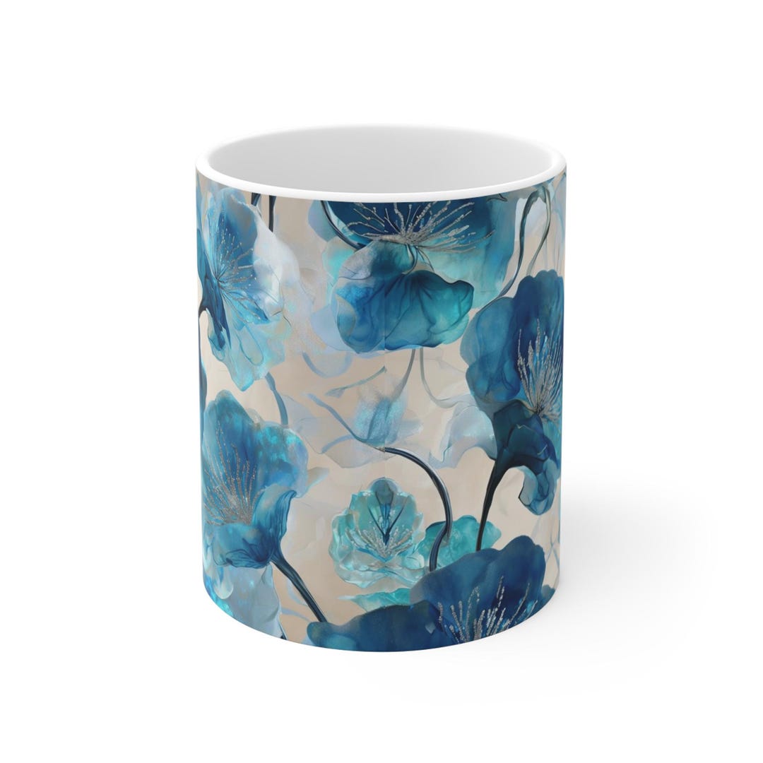 Botanical Blue Floral Mug - Elegant Coffee Cup, Gift for Flower Lovers ...