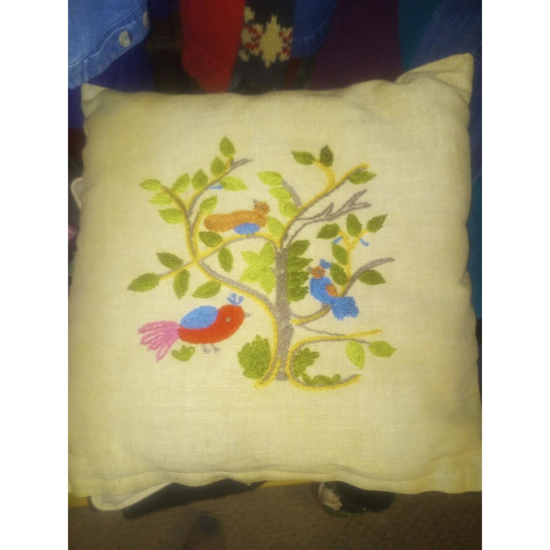 Finished Crewel Embroidery Birds in A Tree Pillow 16x15 Vintage Case ...