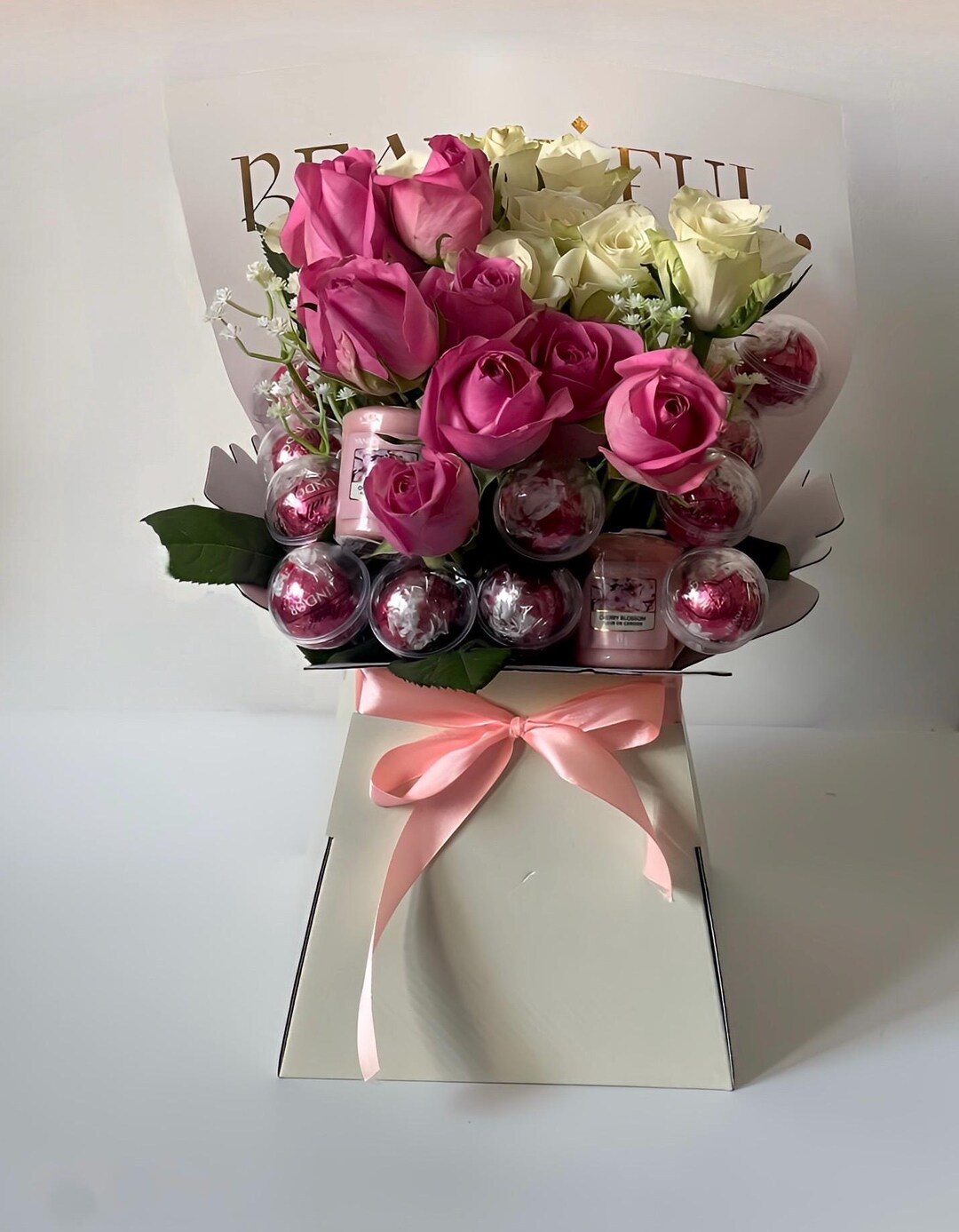 20 Fresh Pink and White Roses, Lindt Chocolate and Candle Bouquet ...