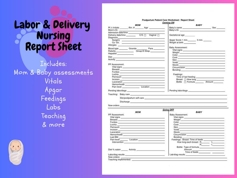 Labor & Delivery Nursing Report Sheet Download, Mother and Baby - Etsy
