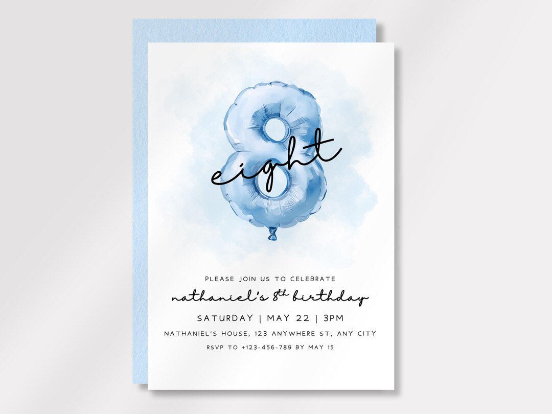 Blue Watercolour Foil Balloon 8th Birthday Invitation Template, DIY ...