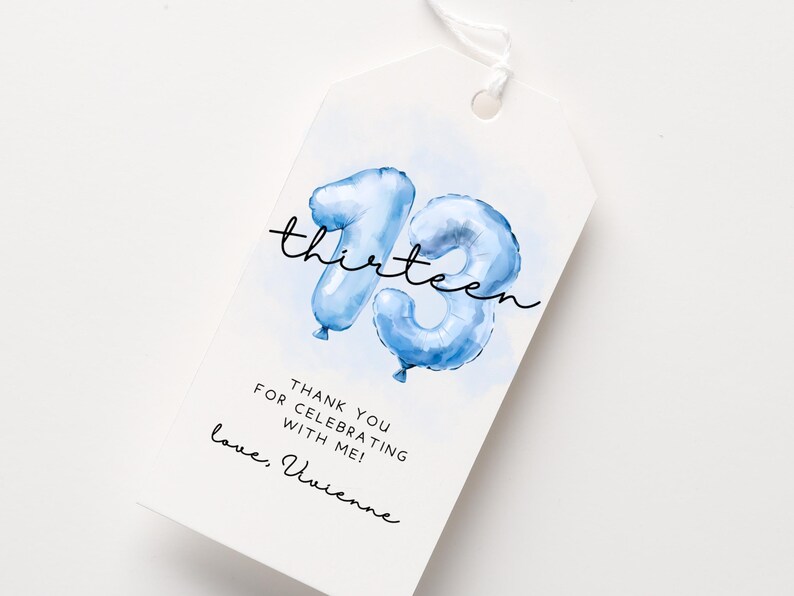 Blue Balloon 13th Birthday Thank You / Favor Tag: DIY Canva Template ...