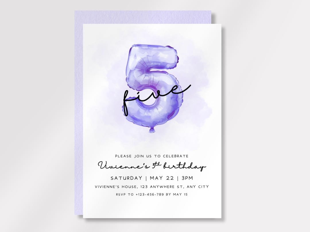 Purple Watercolour Foil Balloon 5th Birthday Printable / Digital ...