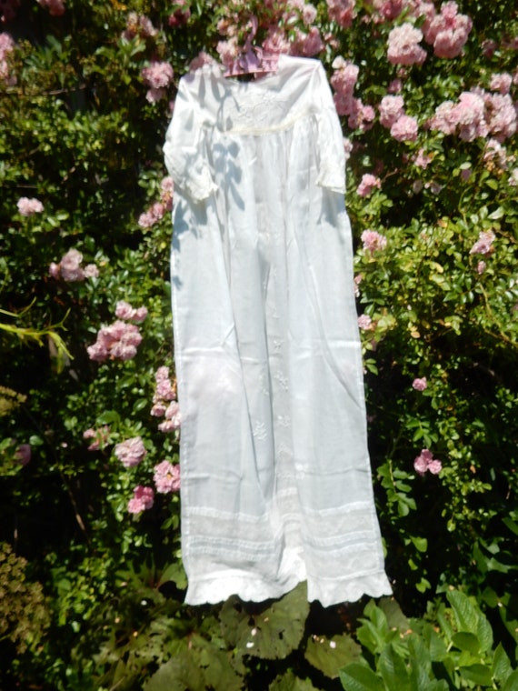 Antique Long Christening Gown,Batiste and Hand Embroi… - Gem