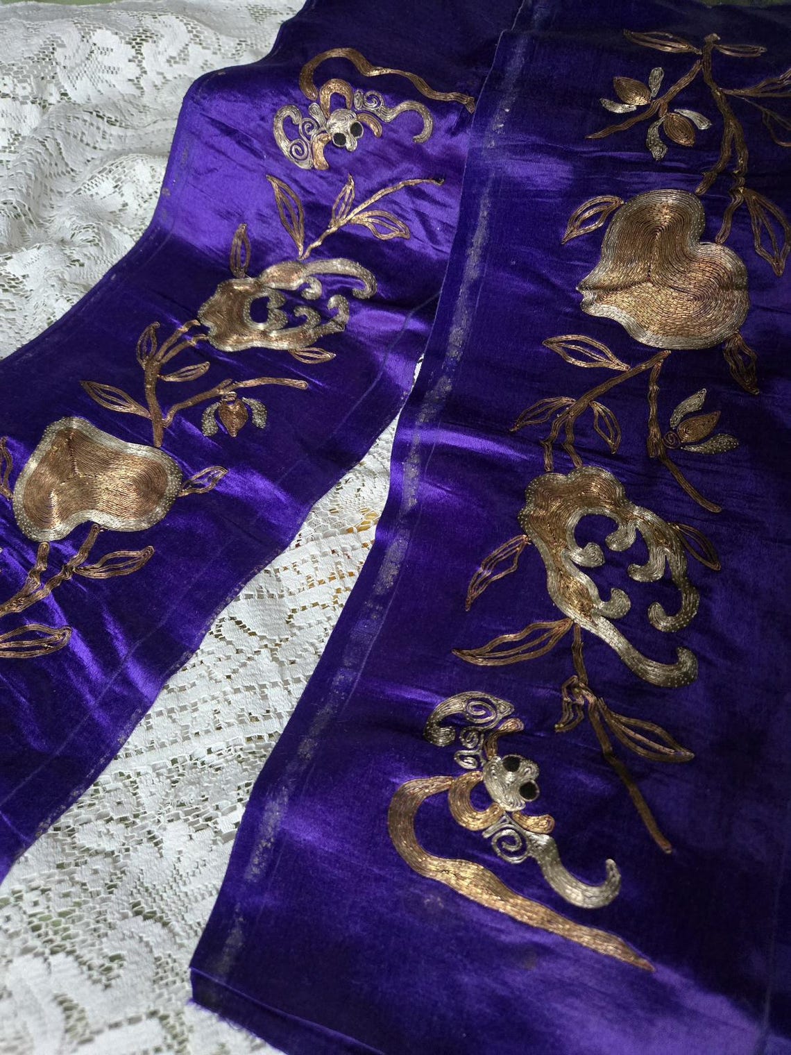 Two Antique Metallic Thread Hand Embroidered Pieces/ Silk Ground - Etsy