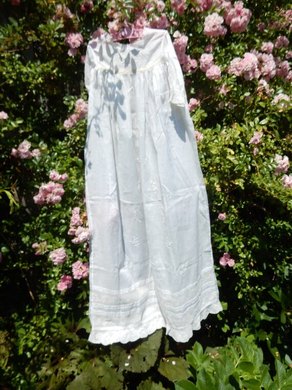 Antique Long Christening Gown,Batiste and Hand Embroi… - Gem