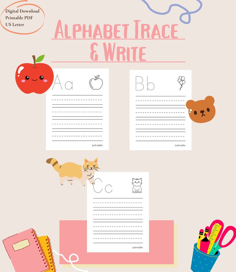 Alphabet Trace and Write Worksheet | Printable PDF | Instant Download ...