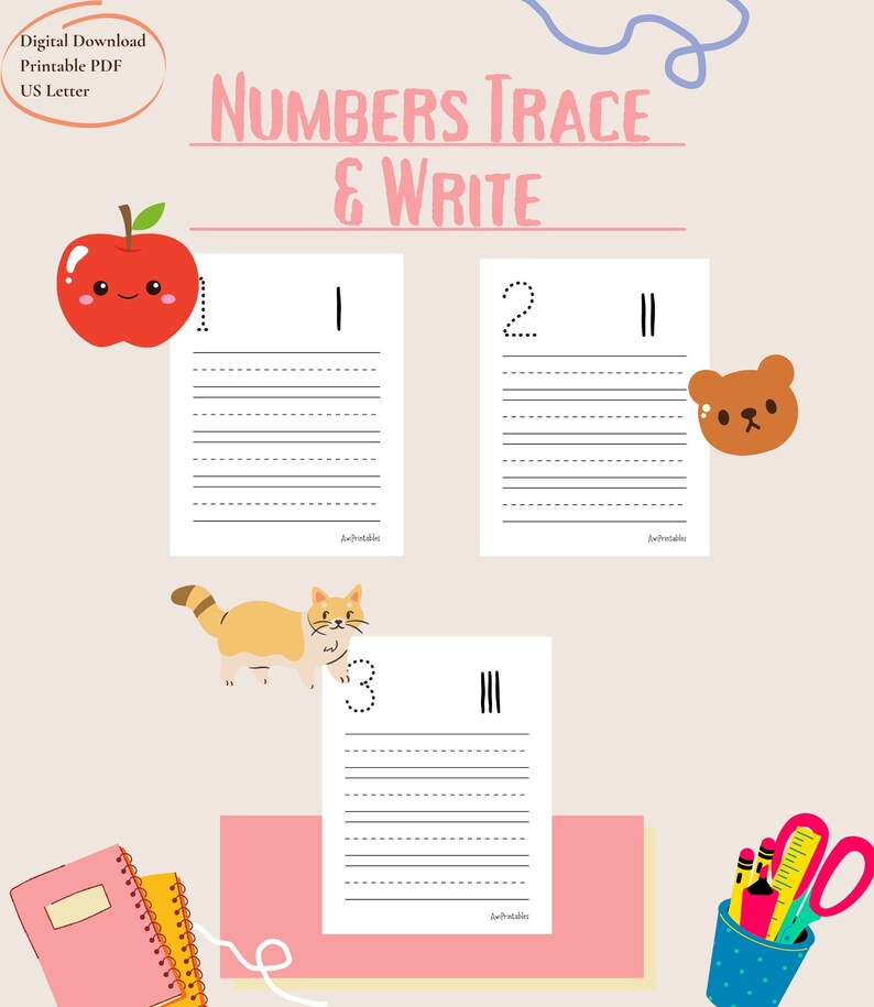 Numbers Trace and Write Worksheet Printable PDF Instant Download 8.5 X ...