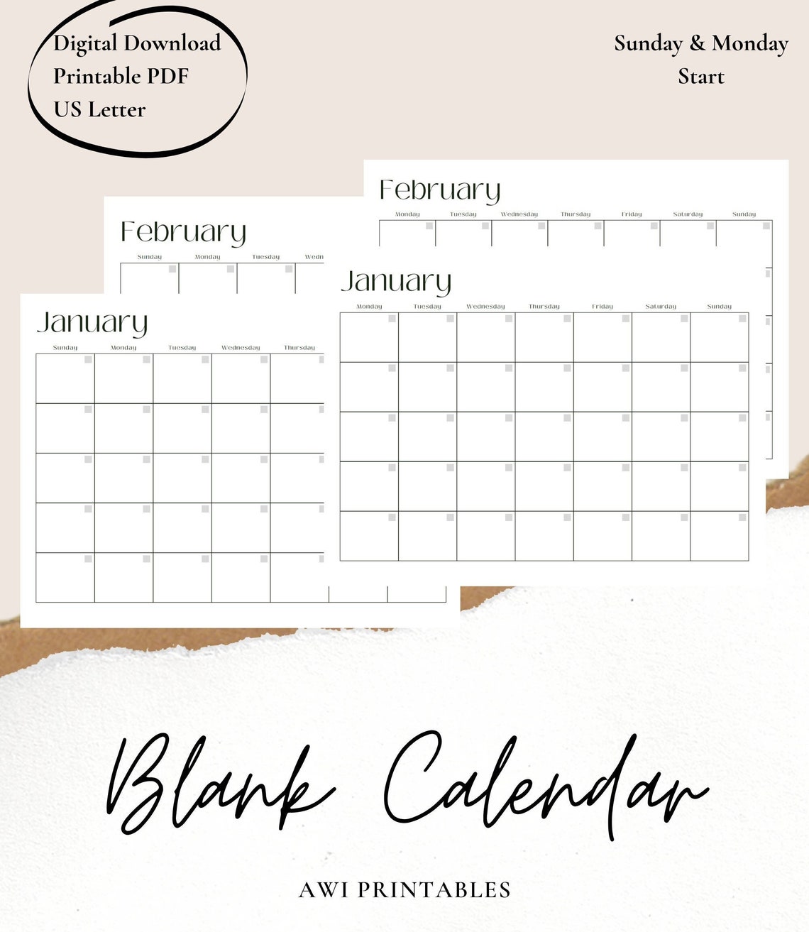 Blank 12 Month Minimalist Calendar | Printable PDF | Instant Download ...