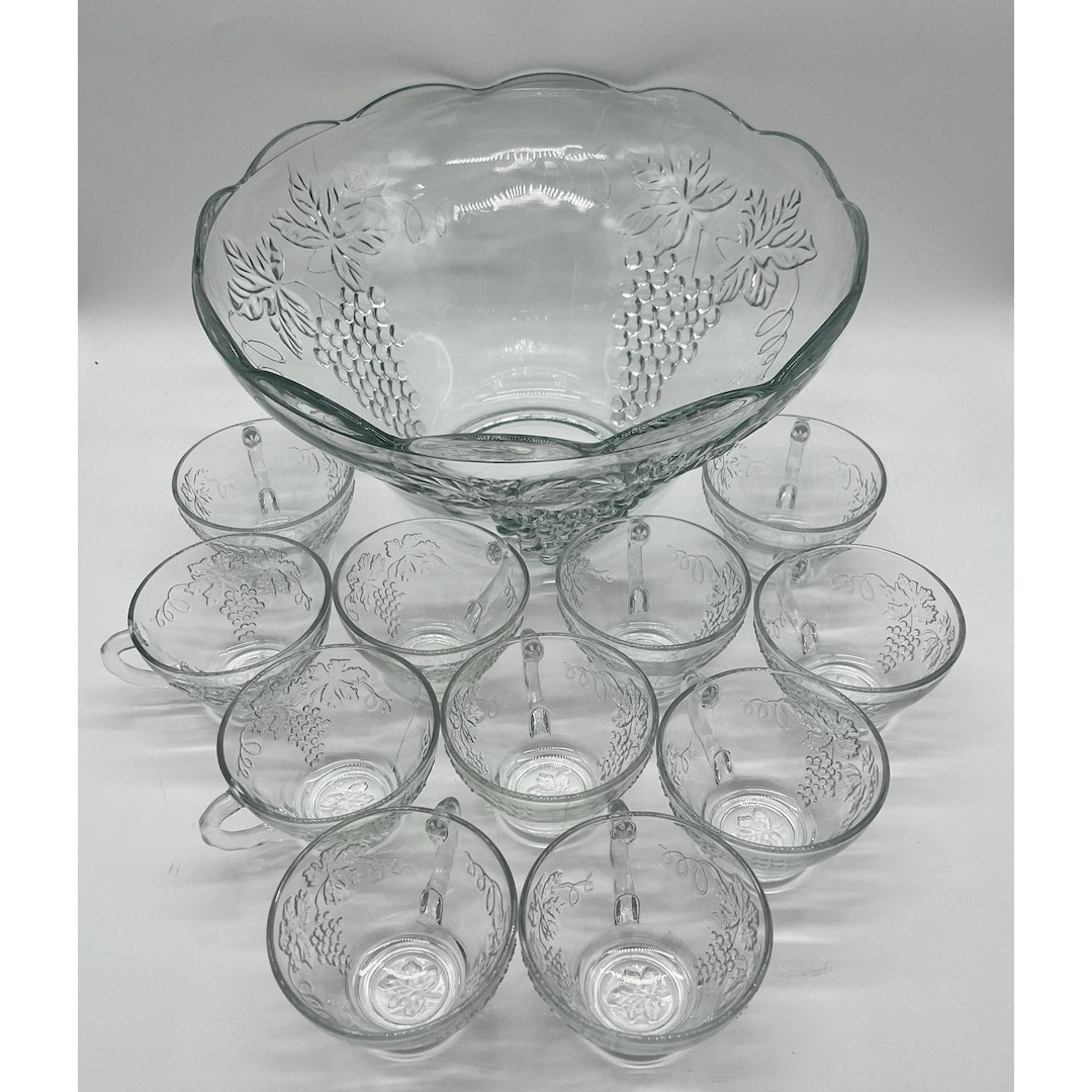 1960's Antique Punch Bowl Set 11 Cups & Fruit Bowl Grape Design Anchor ...