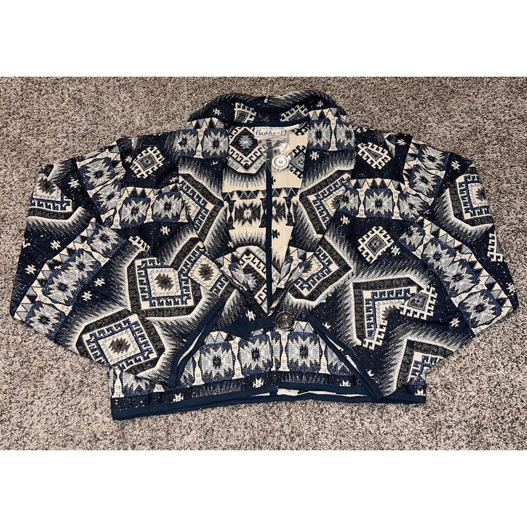 Vintage Flashback Southwestern Blue White Aztec Cropped Jacket Size S ...