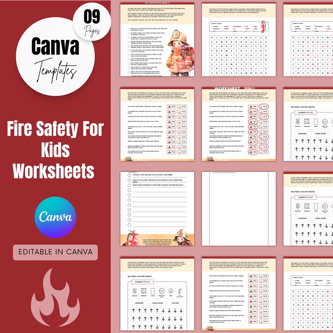 Fire Safety Worksheet for Kids, Prevention Activity (canva Template ...