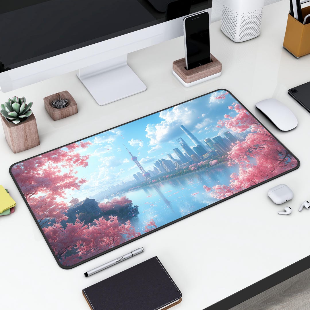 Tokyo View Desk Mat, Nature Desk Mat, Cherry Blossom Mouse Pad, Vintage ...