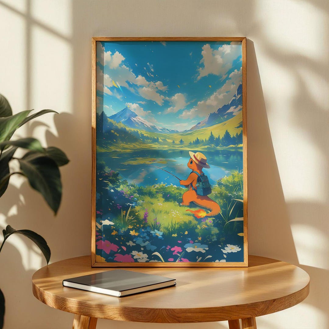 Fishing Charmander Wall Art, Pokémon Decor, Anime Desk Mat, Anime Fan ...