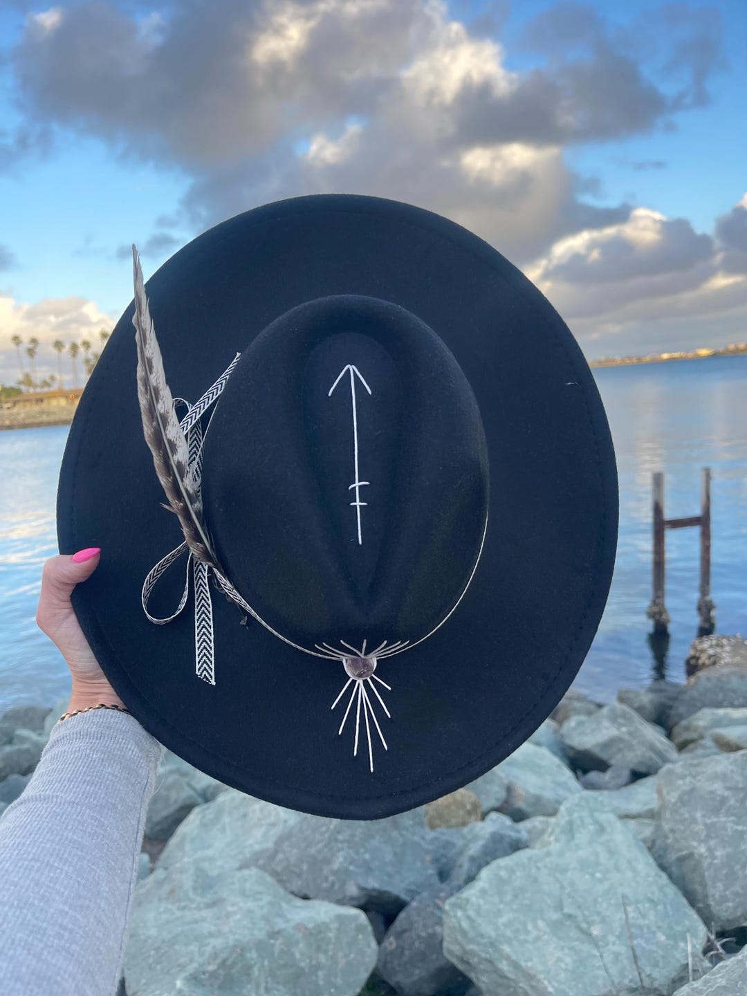 Black Wide Brimmed Fedora Hat With Amethyst Crystal - Etsy