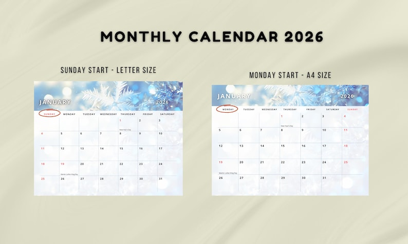2026 Printable Wall Calendar Bundle A4 Letter Size Monday & Sunday ...