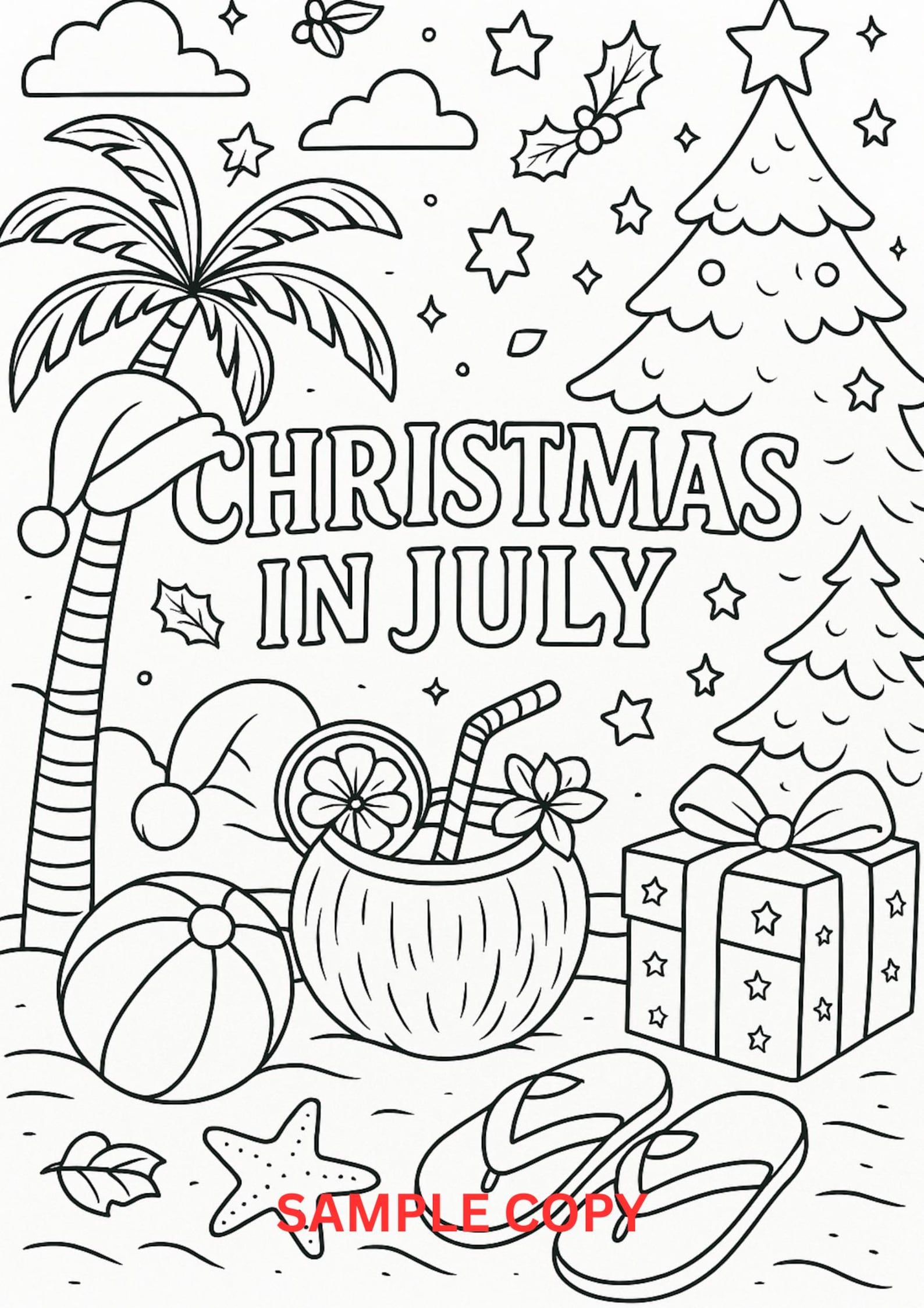 Christmas in July Adult Coloring Pages | Summer Beach Santa & Tropical ...