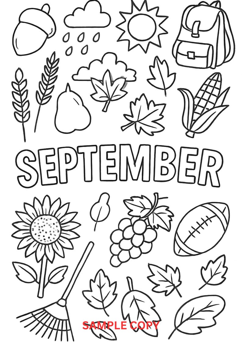September Coloring Pages for Kids – 2 Page Printable Bundle, Fall ...