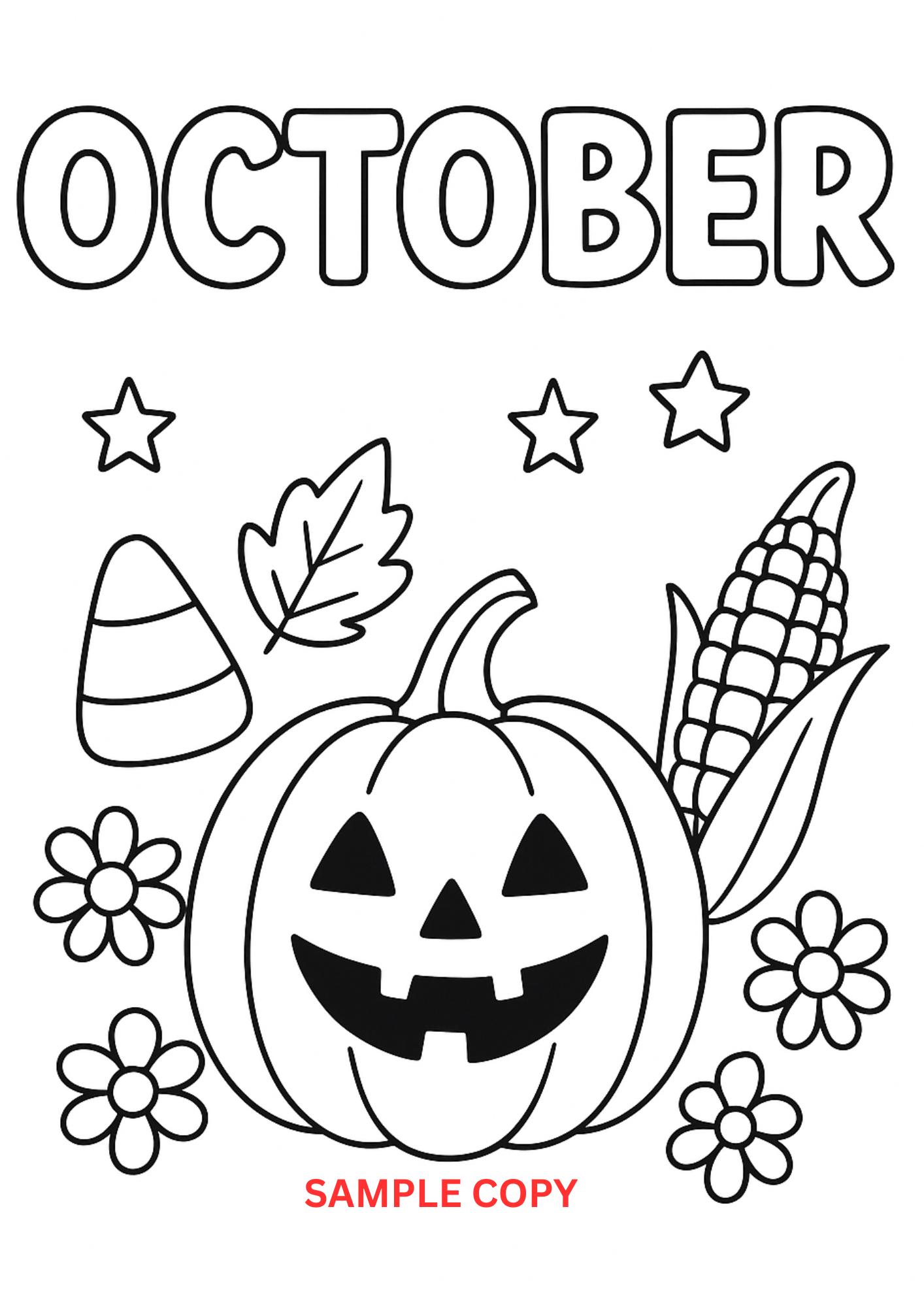 October Coloring Pages for Kids – 2 Page Printable Bundle, Fall ...