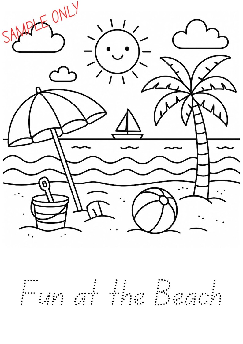 Beach Theme Coloring Pages With Handwriting Practice | Kids Digital ...