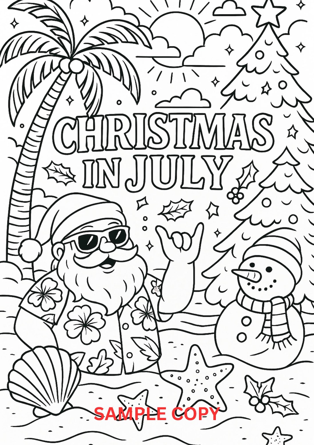 Christmas in July Adult Coloring Pages | Summer Beach Santa & Tropical ...