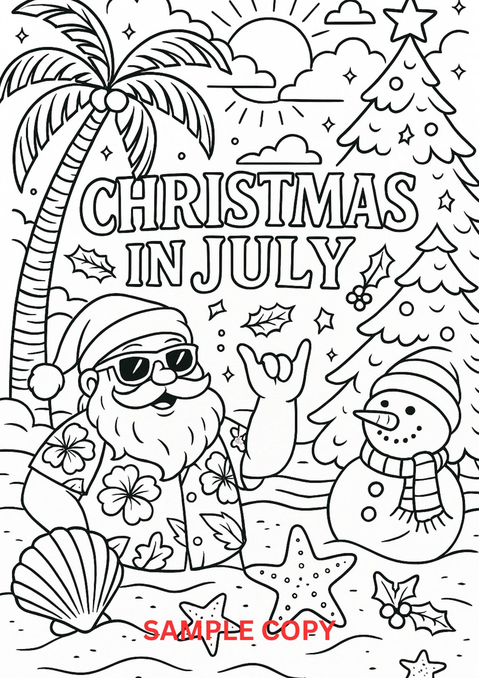 Christmas in July Adult Coloring Pages | Summer Beach Santa & Tropical ...
