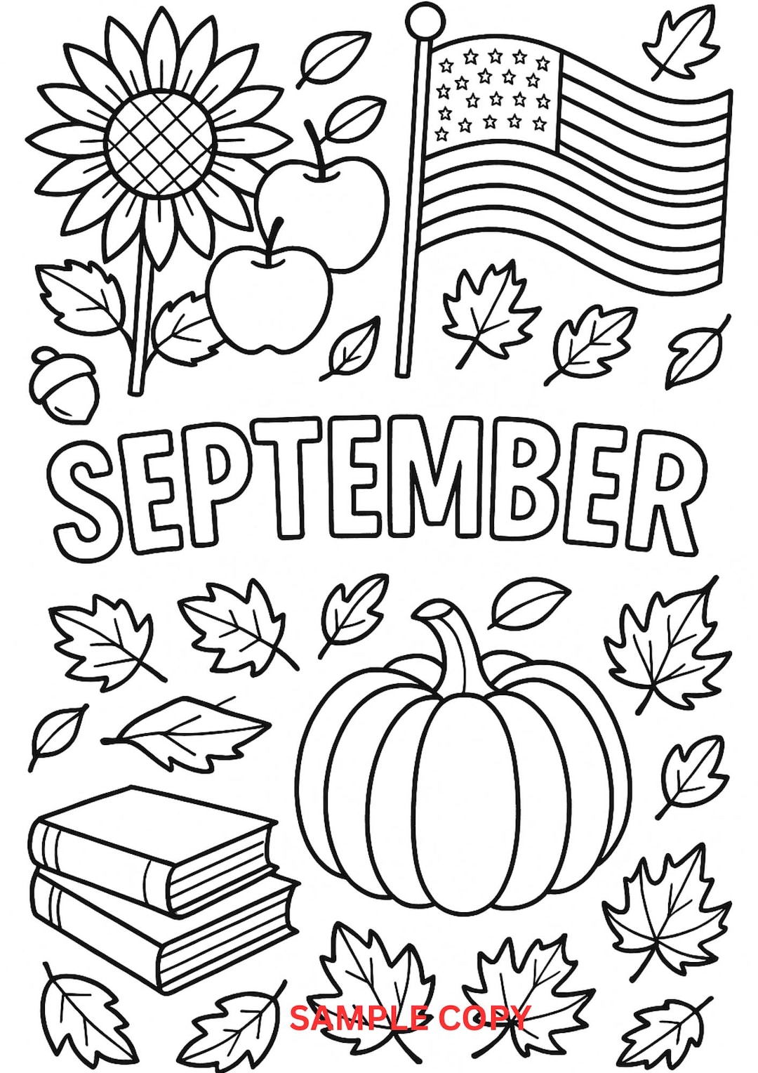 September Coloring Pages for Kids – 2 Page Printable Bundle, Fall ...