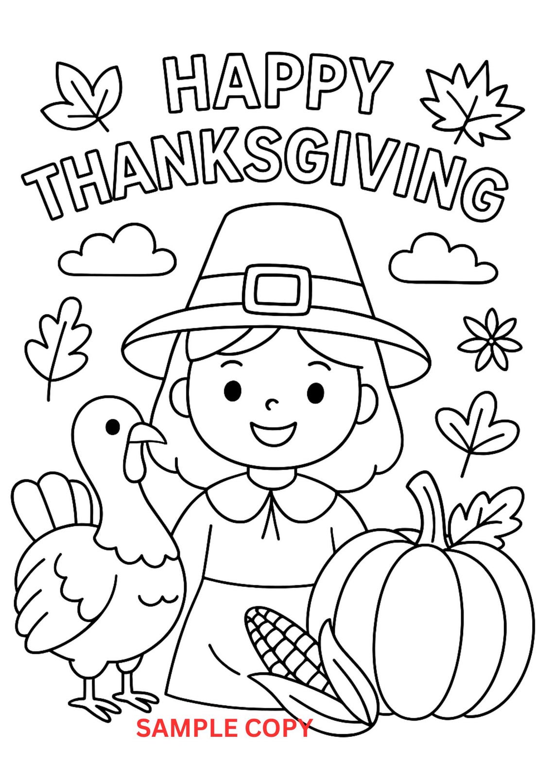 Thanksgiving Coloring Pages for Kids | 2 Page Printable Bundle | Cute ...