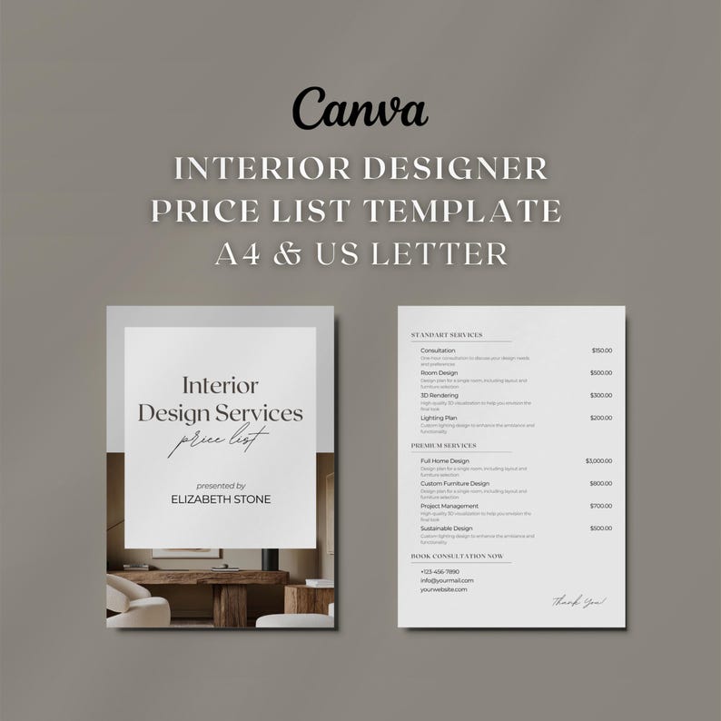 Interior Designer Price List Template: Editable Canva Service Menu (A4 ...