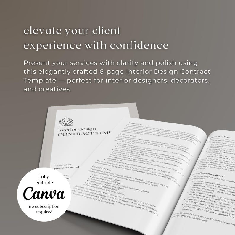 Interior Design Legal Contract Template | Editable Canva Agreement for ...