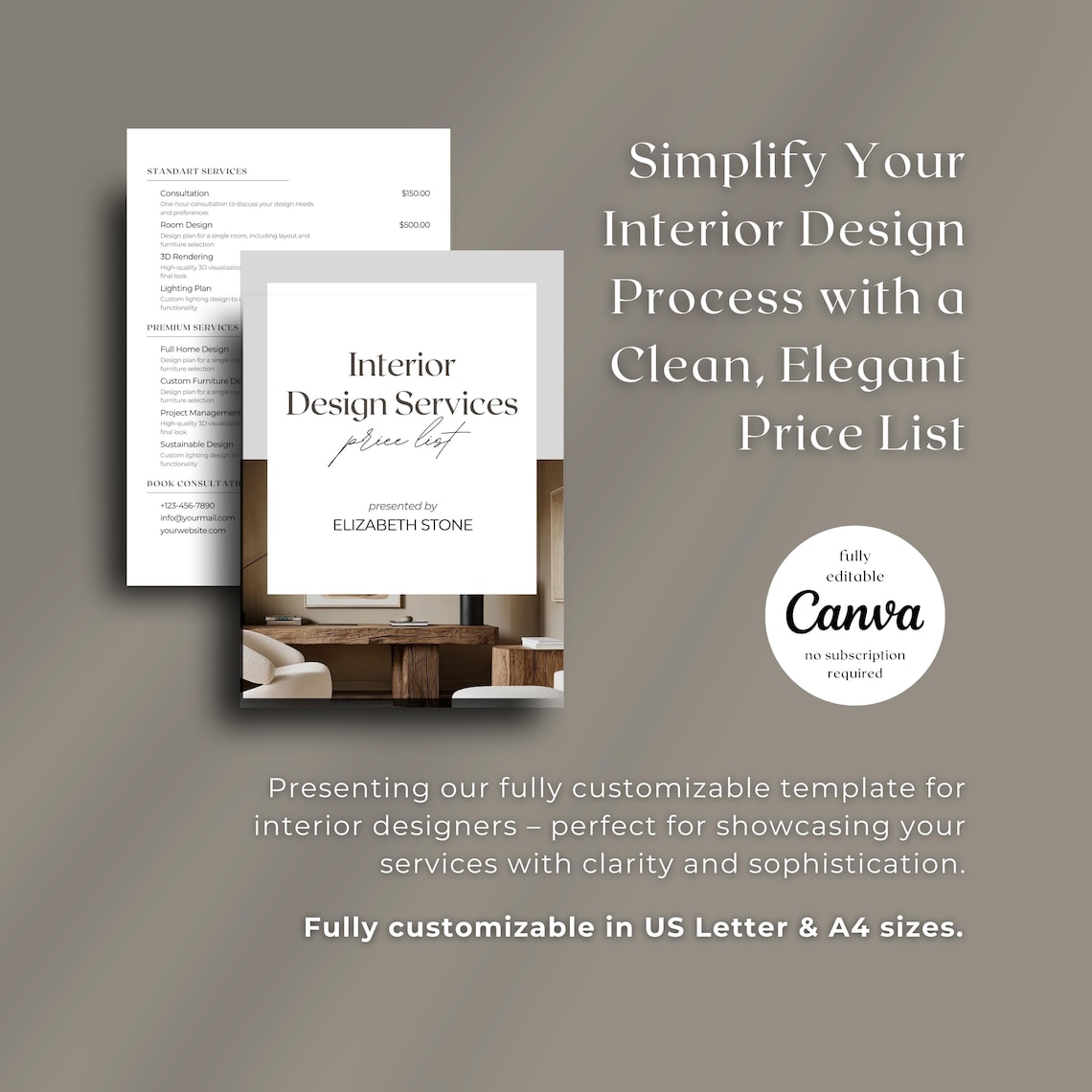 Interior Designer Price List Template: Editable Canva Service Menu (A4 ...