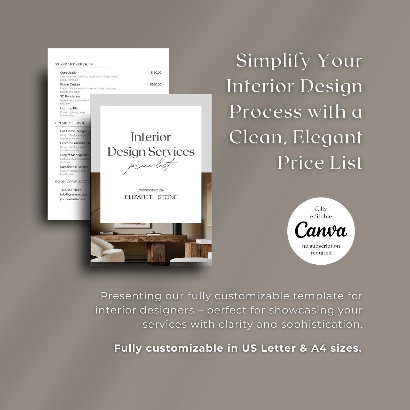 Interior Designer Price List Template: Editable Canva Service Menu (A4 ...
