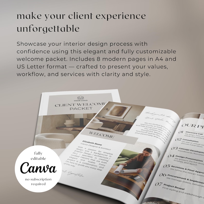 Interior Designer New Client Welcome Packet: Canva Template, Onboarding ...