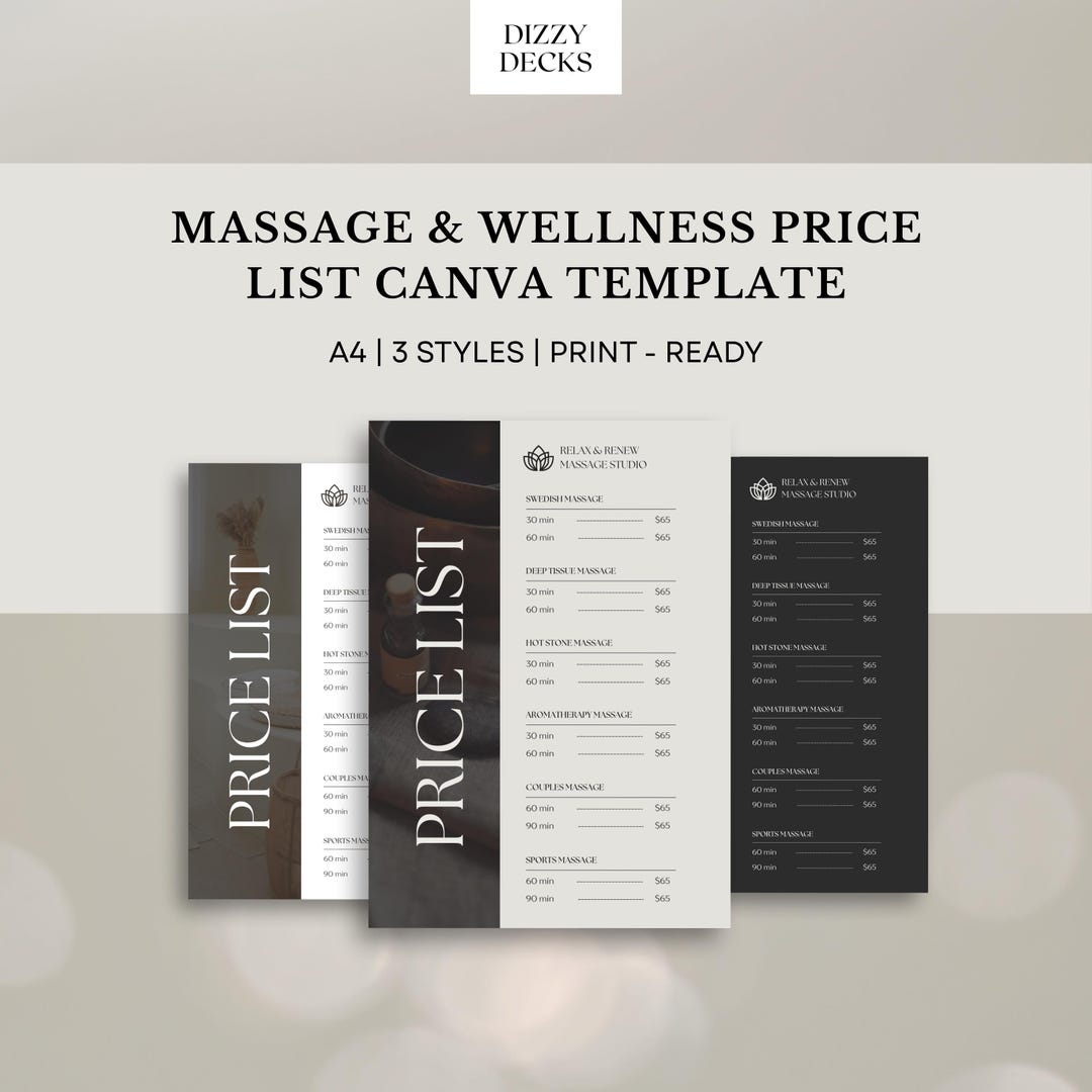 Massage Wellness Salon Price List Canva Template | Fully Editable and ...