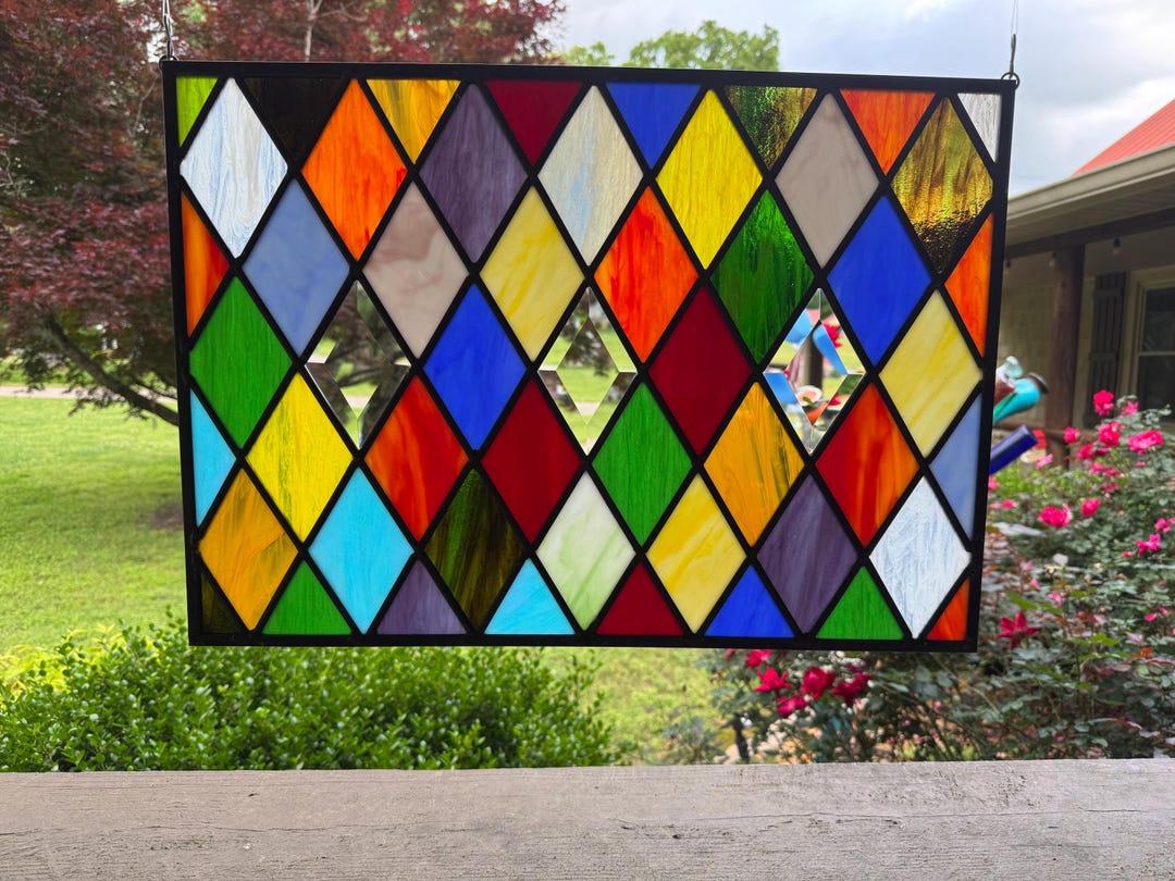 Colorful Stained Glass Panel - Diamond Pattern Multicolor With 3 Bevels ...