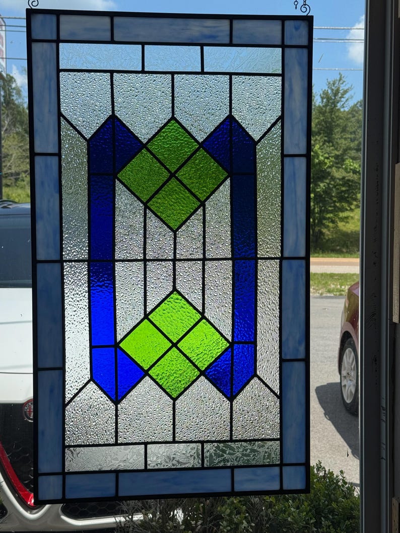Large Stained Glass Panel - Blue,green, Clear Antique Look. 21 X 36 ...