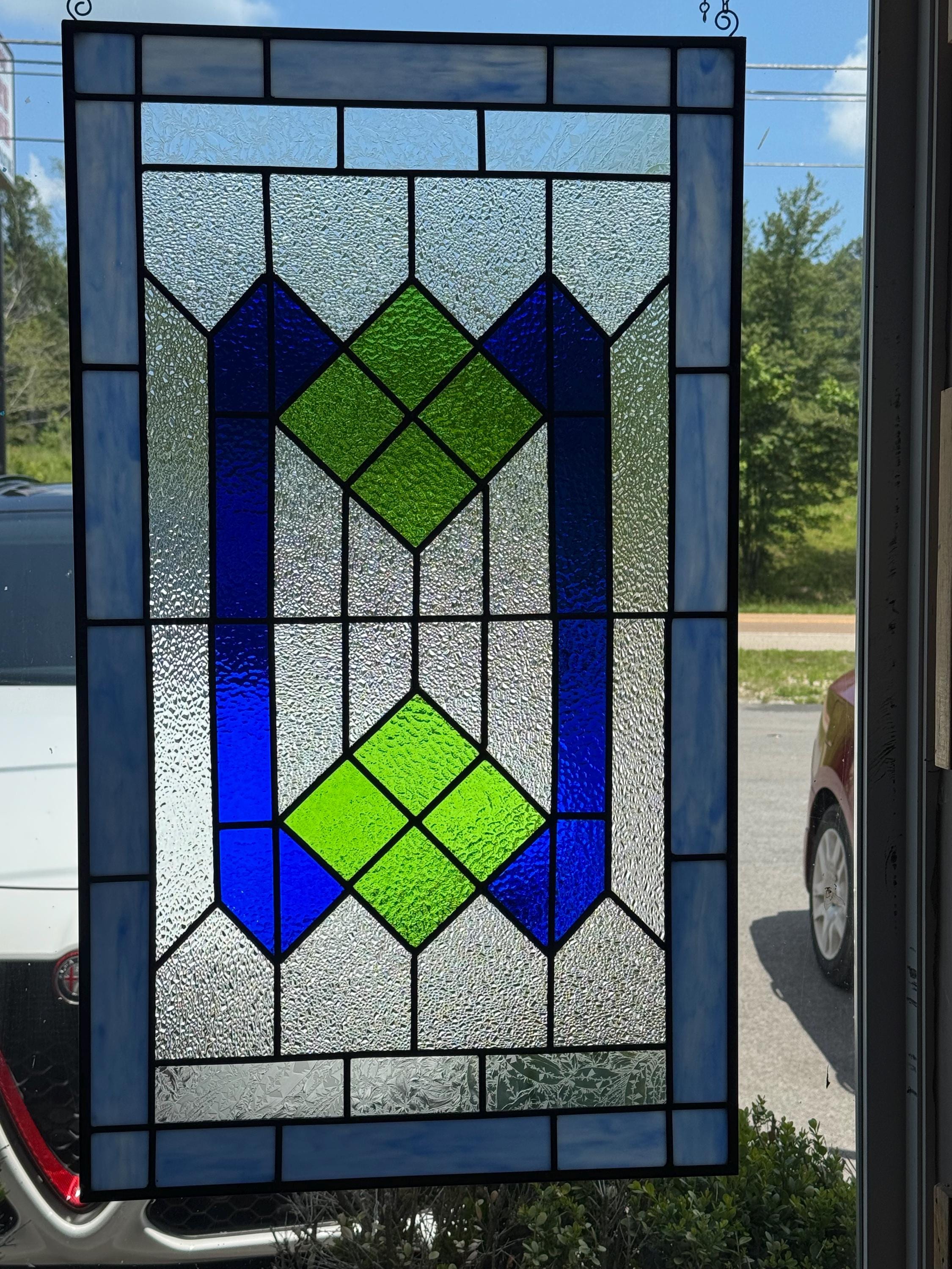 Large Stained Glass Panel - Blue,green, Clear Antique Look. 21 X 36 ...
