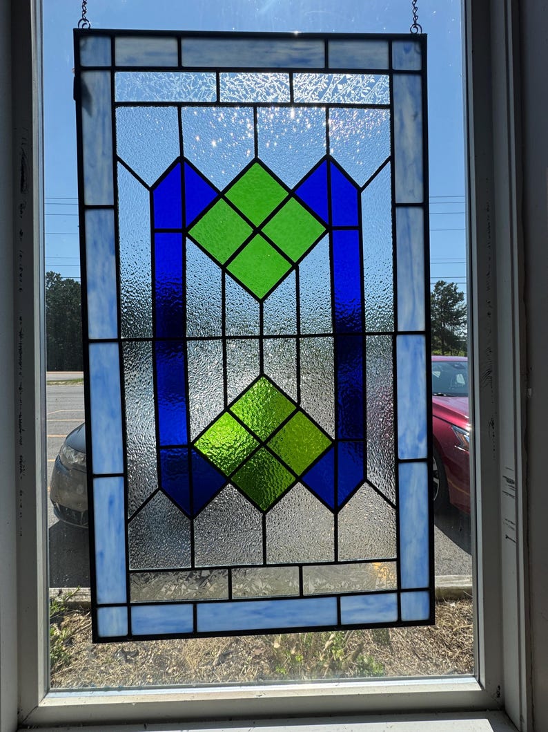 Large Stained Glass Panel - Blue,green, Clear Antique Look. 21 X 36 ...