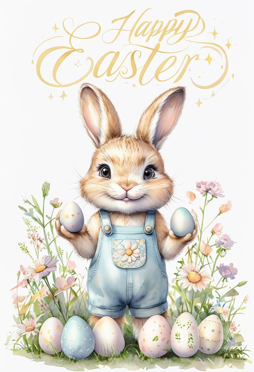 Cute Bunny Easter Printable | Gold Lettering Easter Art | Blue Overalls ...