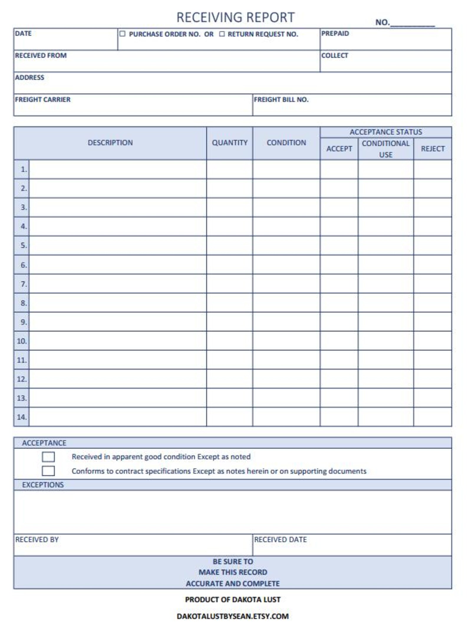 Receiving Report Form - Etsy