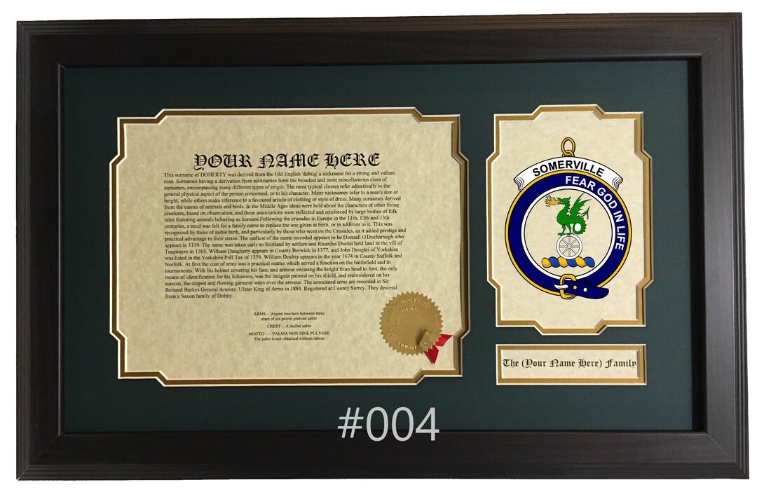 Somerville Clan Crest Badge and History Framed, - Etsy