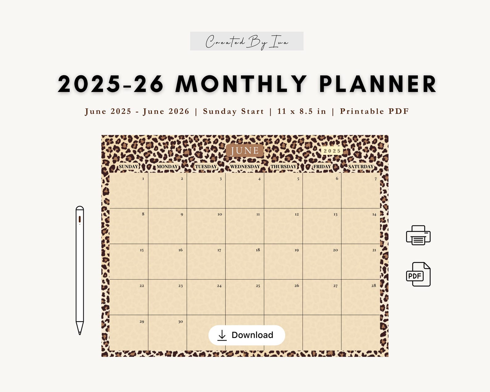 2025-2026 Digital Monthly Calendar | Cheetah Printable Calendar ...