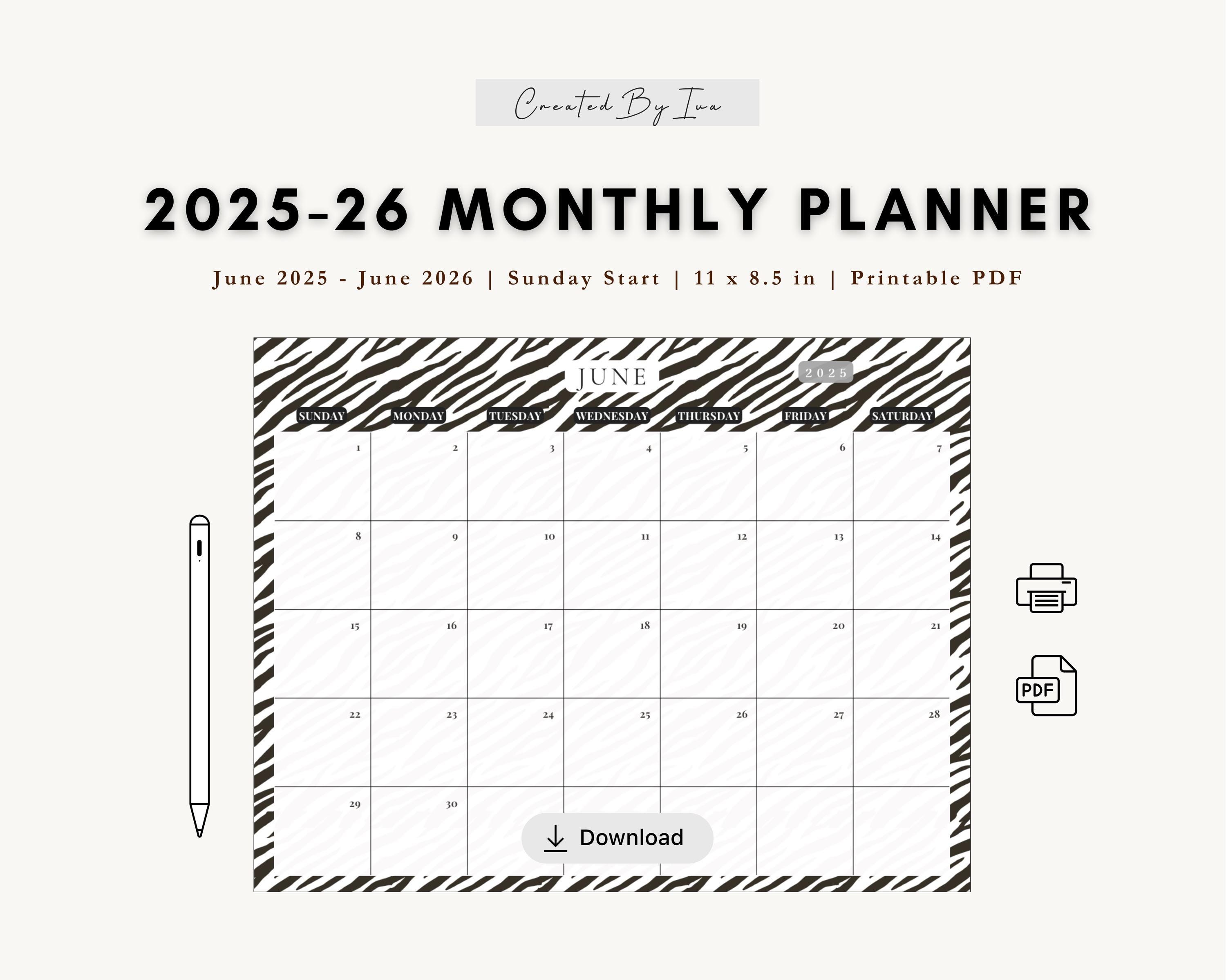 Zebra Monthly Calendar 2025-2026 | Digital Planner for Goodnotes ...