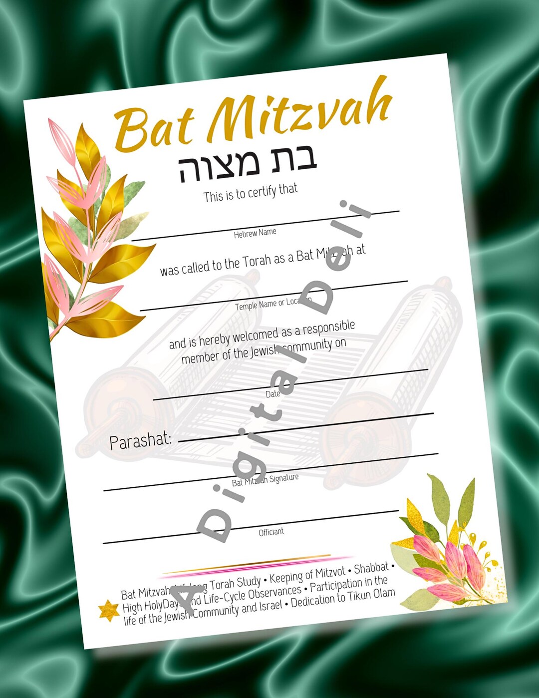 Bat Mitzvah Certificate - Etsy