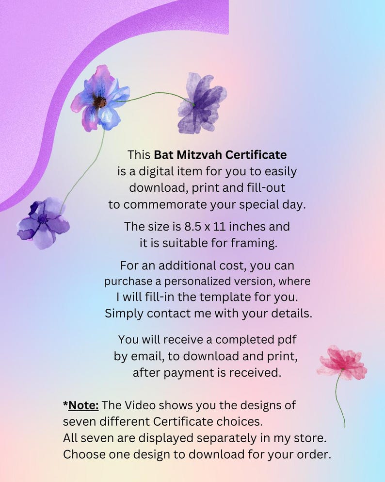 Bat Mitzvah Certificate - Etsy