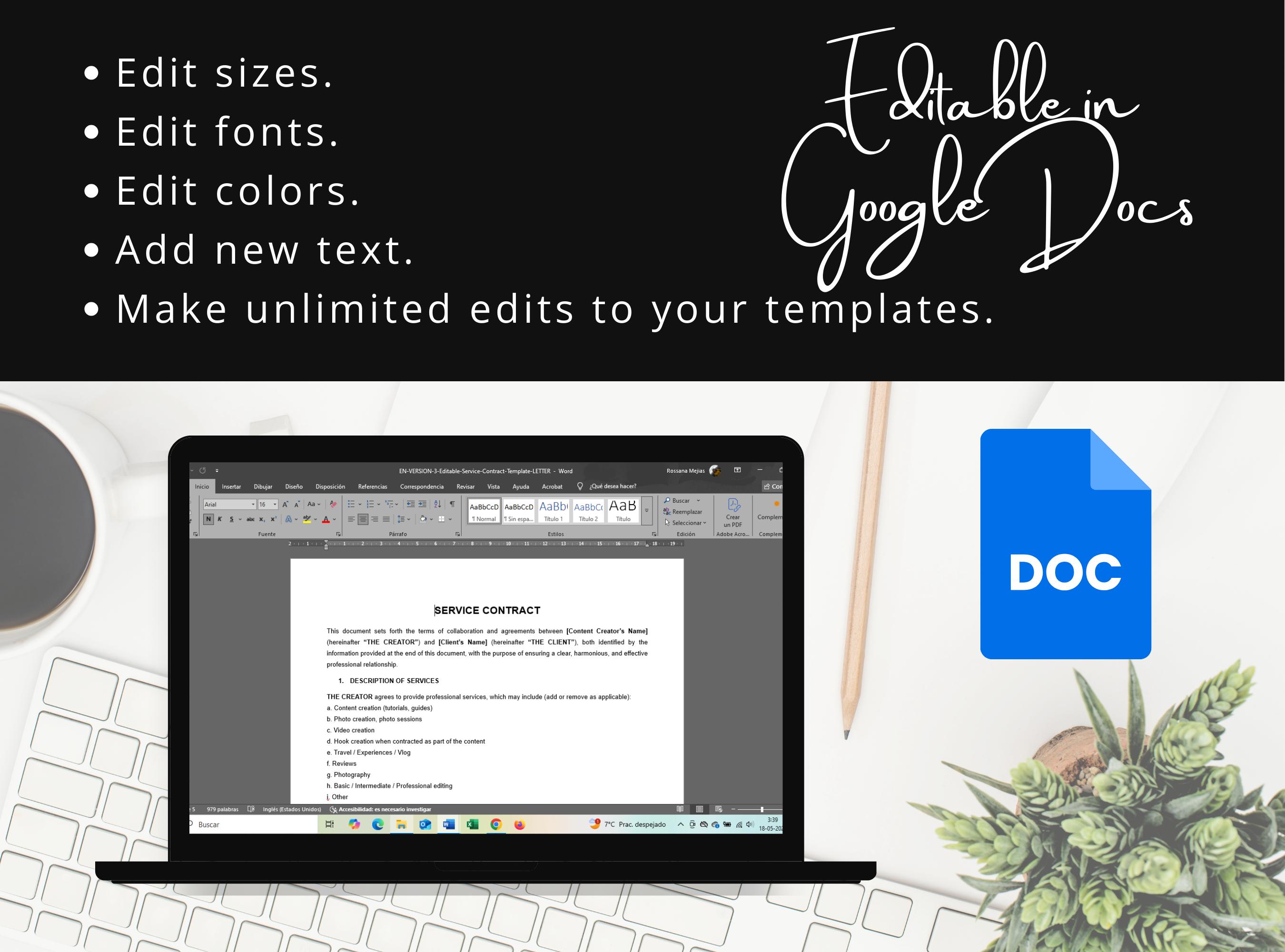 Editable Service Contract Template for Freelancers, UGC Creators & Influencers | Google Docs ...