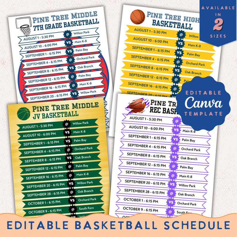 Editable Basketball Schedule Template: Canva Sports Team Itinerary ...